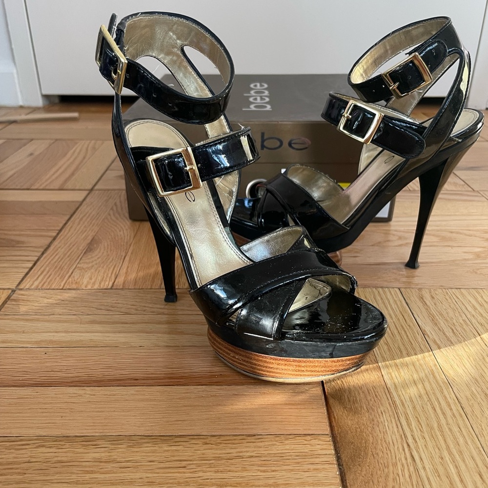 Bebe Bacia Black Patent Leather High Heels With Brown… - Gem